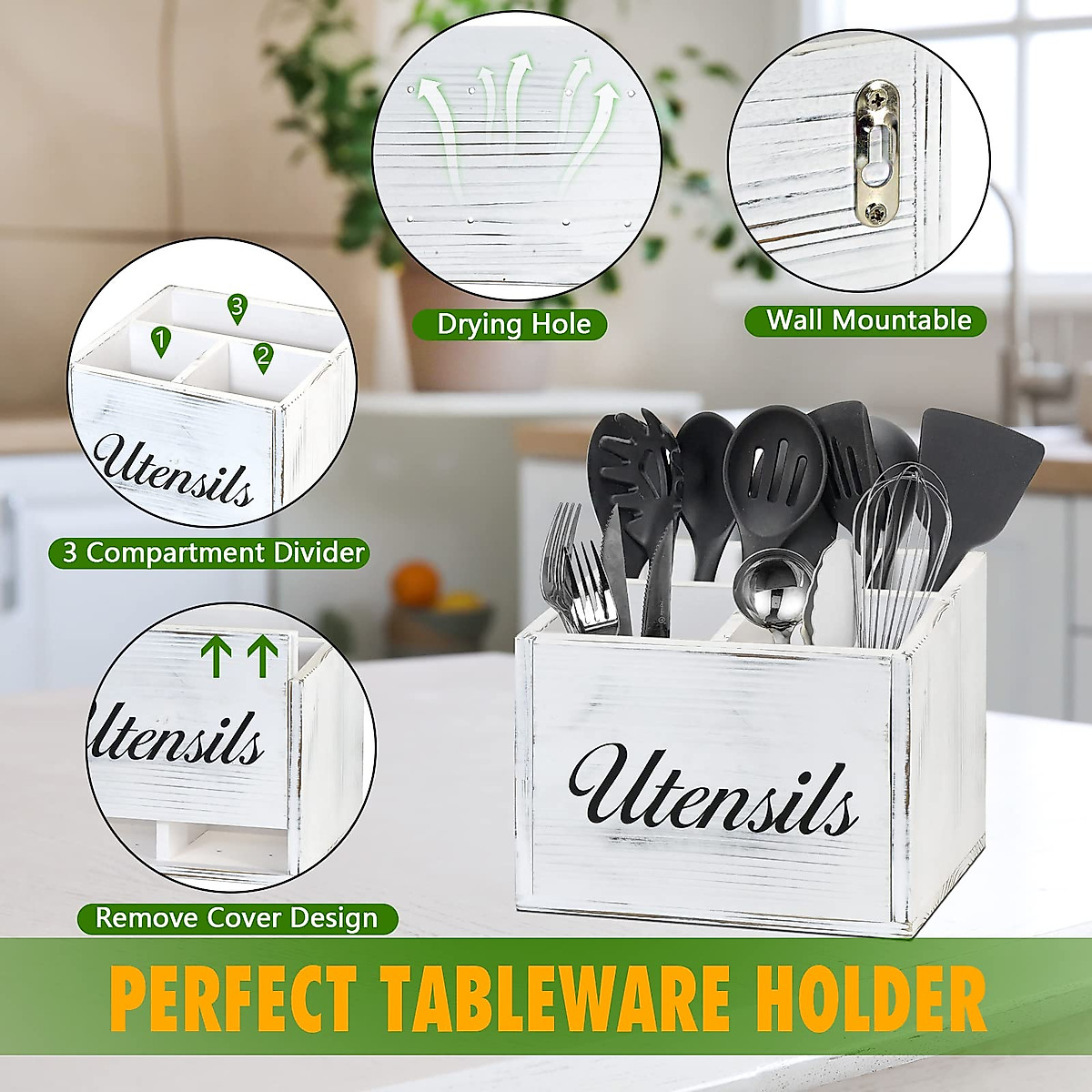 ugiftt Wooden Kitchen Utensil Holder for Countertop, Kitchen Utensil Caddy with 3 Compartments, Farmhouse Cooking Tools Storage Flatware Organizers for Silverware Forks Spoons Spatulas, Easy To Clean