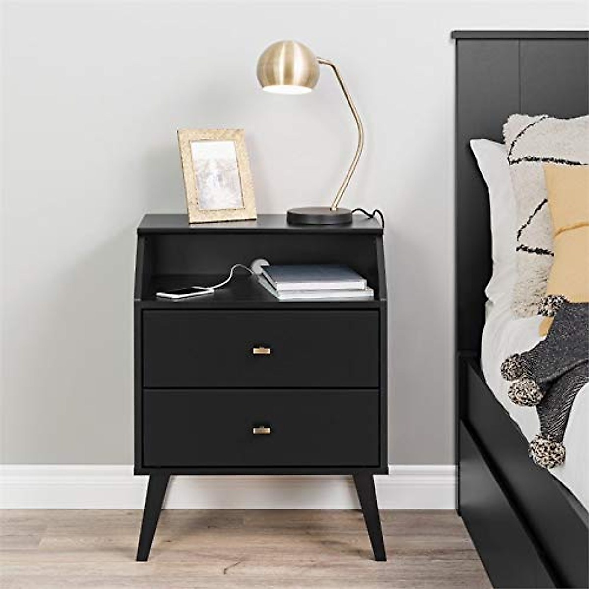 Prepac Milo Mid Century Modern Night Stand with Angled Top, 2-Drawer, Black