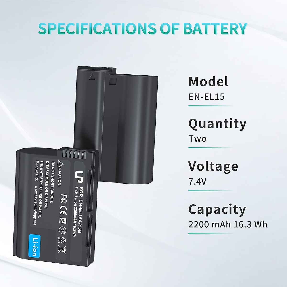 EN-EL15 Battery Pack, LP 2-Pack EN-EL15 EN EL15a Rechargable Li-ion Replacement Battery Compatible with Nikon D7500, D7200, D7100, D7000, D850, D750, D500, D810a, D810, D800e, D800, D610, D600 & More