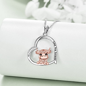 YAFEINI Highland Cow Necklace Sterling Silver Heart Highland Cow Pendant Necklace Scottish Jewelry for Women Cow Lover Gifts