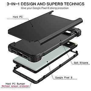 BENTOBEN Pixel 6 Case, Google Pixel 6 Case, 3 in 1 Heavy Duty Rugged Hybrid Shockproof Hard PC Cover Soft Silicone Bumper Impact Resistant Protective Phone Cases for Google Pixel 6 6.4 Inch, Black
