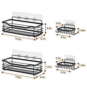Hesento 4-Pack Shower Caddy, Strong Adhesive Shower Organizer Shelf with 2 Hooks, No Drilling Rustproof SUS304 Stainless Steel Shower Shelves for Bathroom, Toilet, Kitchen (Matte Black)