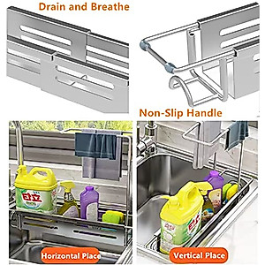 BEENLE 304 Stainless Steel Telescopic Sink Caddy Sponge Holder,Expandable Kitchen Sink Organizer Dish Drainer Rack Sink Tray Brush Soap Holder(14.6''-18.5''), Without Chopstick Holder