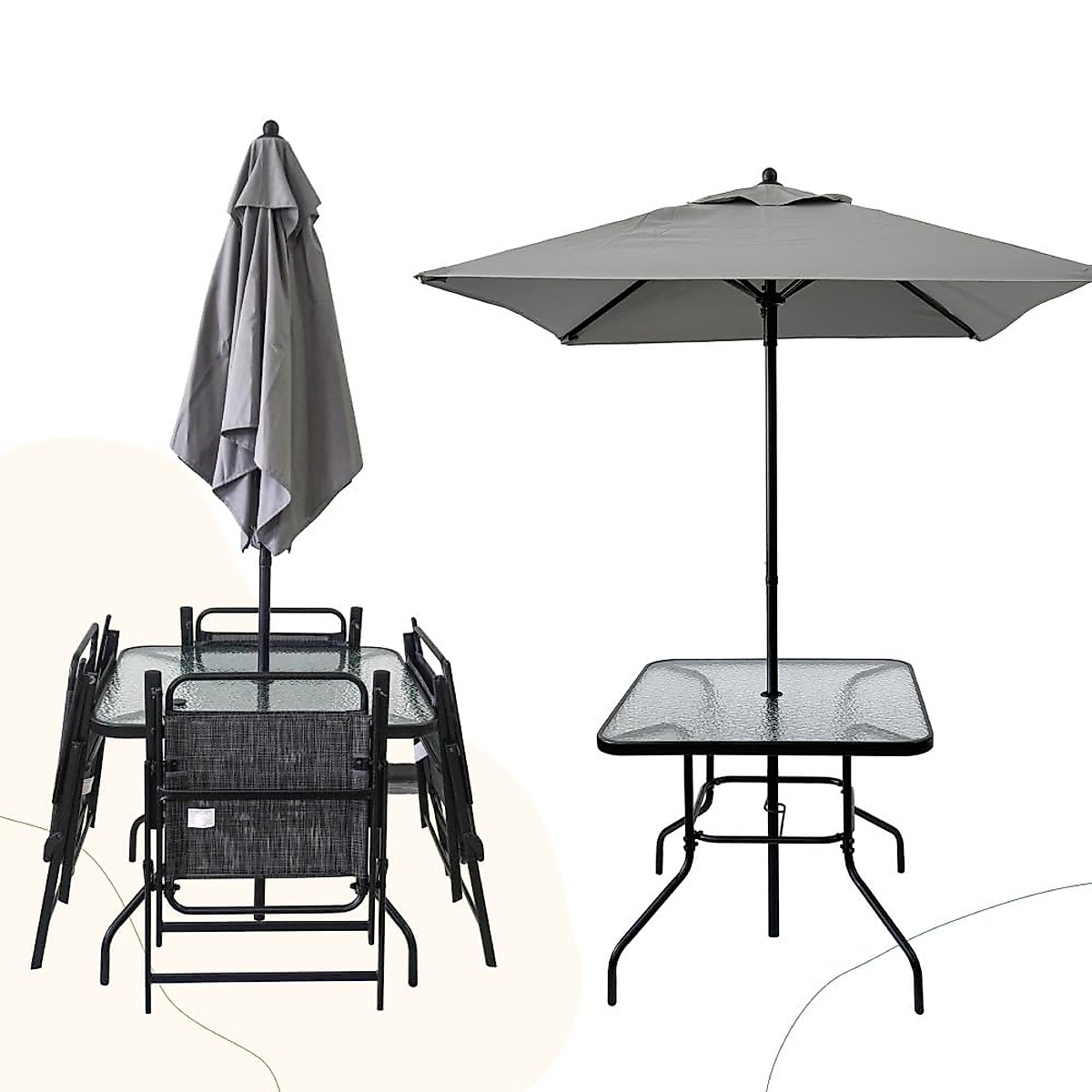 TURRIDU Set of 6 Outdoor Dining Set for 4 People, Metal Patio Furniture with 1 Tempered Glass Table & 4 Folding Chair & 1 Foldable Umbrella for Backyard Garden Patio, Black