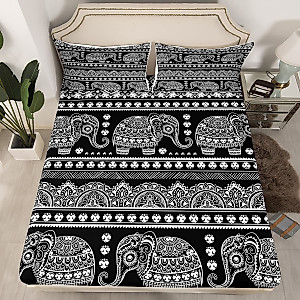 Elephant Fitted Sheet Full,Exotic Bohemian Black and White Bed Sheets Paisley Floral Bedding Sets for Kids Child,Ethnic Tribal Wildlife Bedding Decor Set Tribe Western Animals Boho Room Decor
