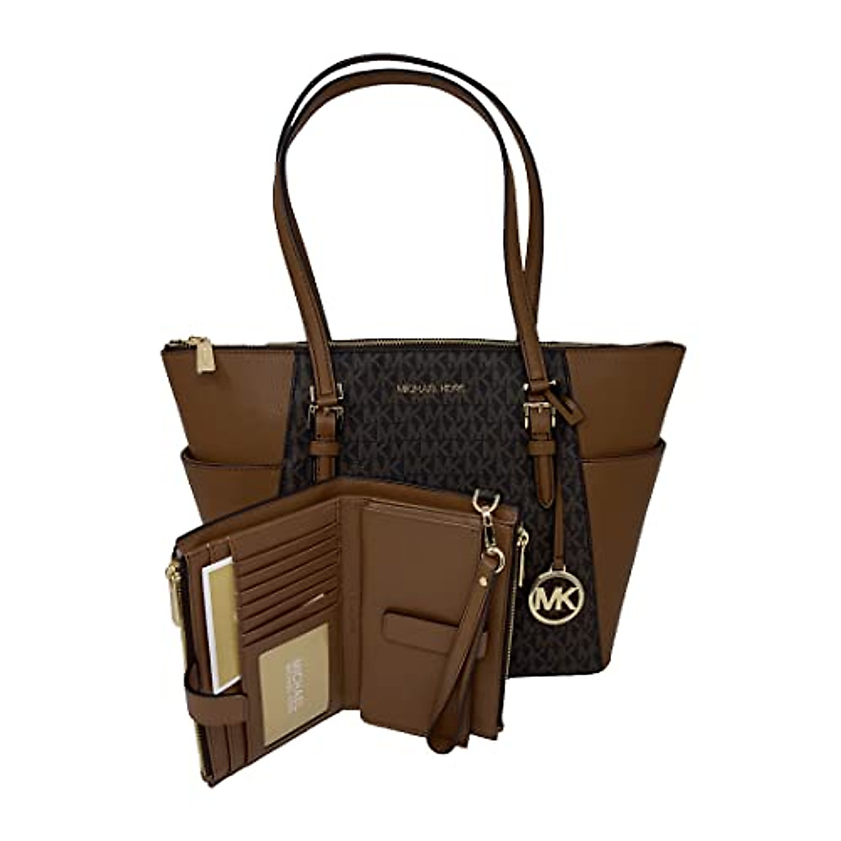 Michael Kors Tote Jet Set Travel bundle,Trifold Wallet Handbag, satchel, Purse for Women, multiple pockets, Adjustable. (Brown)