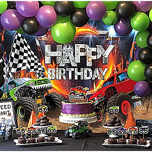 SVBright Truck Backdrop 7Wx5H Monster Baby Boys Kids Happy Birthday Party Racing Speed Checkered Grave Digger Cars Photography Background Banner Photo Booth Studio Polyester Fabric