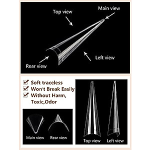 500Pcs Stiletto Nail Tips for Acrylic Nails, XL Long Clear False Nails Tips Soft Traceless, Half Cover Tapered Square False Nail Tips for Nail Extension Nail Art, Home DIY Nail Salon 10 Sizes
