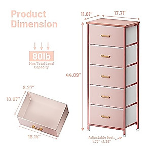 YILQQPER Dresser for Bedroom with 5 Drawers, Tall Storage Tower for Closet, Living Room, Nursery, Pink Dresser for Girl with Sturdy Steel Frame, Fabric Bins, Leather Finish, Wood Top, Pink
