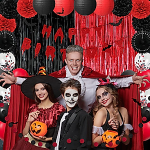 Halloween Birthday Party Decorations - Black Red Halloween Happy Birthday Banner Foil Curtains Backdrop 3D Bat Sticker Paper Pompoms Latex and Confetti Balloons for Halloween Birthday Party Supplies