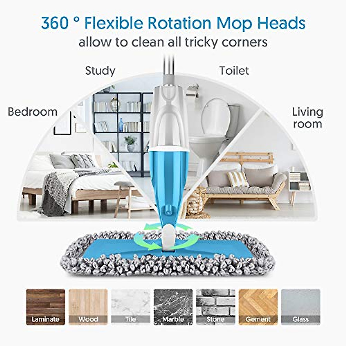 Microfiber Spray Floor Mops for Floors Cleaning, POPTEN 360 Degree Cleaning Kitchen Mop with 640ML Refillable Bottle,3 Washable Mop Pads and 1 Scraper Dust Mop Wet Mop for Laminate,Hardwood,Ceramic