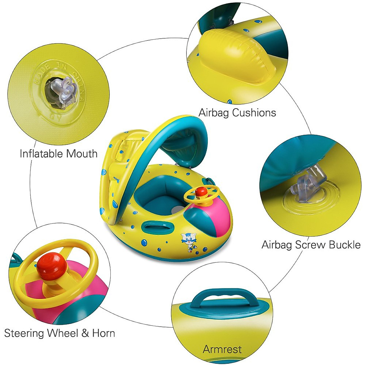 Baby Pool Float, Topist Baby Inflatable Swimming Ring with Adjustable Sun Shade CaBaby Pool Float, Rinopy Safety Seat for Age 6-36 Months Toddlers with Carry Bag