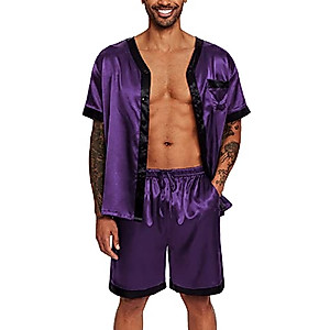Ekouaer Silk Pajamas for Men Satin Pajama Shorts 2 Piece Button Down Pj Set V Neck Sleepwear Loungewear with Pockets S-XXL Purple