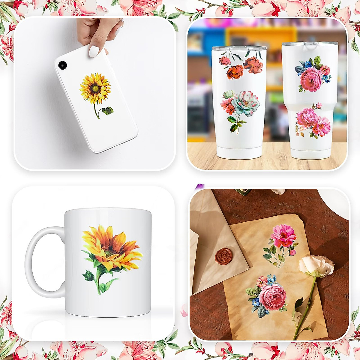 6 Sheets Floral Rub On Transfers for Crafts, 5.5 x 4 Inch Rub On Transfers Stickers, Flower Rub-On Transfers Decals for DIY Wood Paper Water Bottle