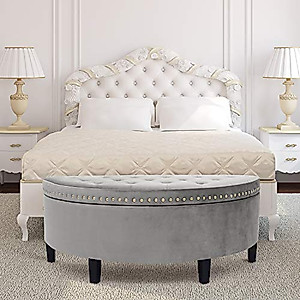 Homebeez 43.5" Half Moon Storage Ottoman Bench, Lift Top Velvet Storage Ottoman Bench for Bedroom Living Room(Light Gray)