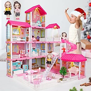 BOBXIN Dollhouse, Doll House for Indoor for Girl, Toy House with Lights, Slide and Doll, Building Playset with Acceccories & Furniture, DIY Dreamy Princess House for Toddler, Kid (11 Room)