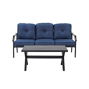 LOKATSE HOME Outdoor Patio Cushioned Loveseat 3 Seats Sofa Bench with Metal Coffee Table, Blue