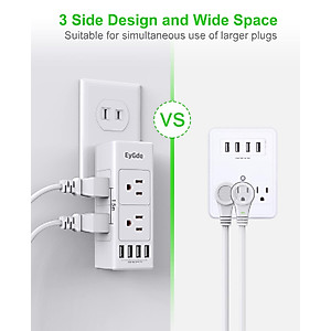 2 Prong Power Strip with Rotating Plug, EyGde Multi Plug Outlet Extender, Multiple Outlet Splitter(3 Sided 6 Sockets) and 4 USB Ports, Wall Adapter Surge Protector (1700J) for Travel, Office, White