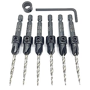 FTG USA Countersink Drill Bit Set 6 Pc #6 (9/64") Wood Countersink Drill Bit Pro Pack Countersink Set, Tapered Countersink Bit, 1 Stop Collar, Hex Wrench, Woodworking Countersink Drill Bits