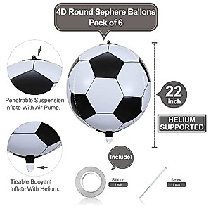 6 Pack Giant 22 Inch Soccer Foil Balloons 4D Sephere Mylar Football Balloons Helium Metallic Balloons for Birthday Party Sports Themed World Cup Party Decorations