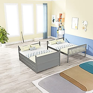 OUYESSIR Full Over Full Bunk Bed with Trundle and 3 Drawers, Full Size Bunk Beds Convertible to 2 Platform Beds, Solid Wood Bunk Bed with Twin Size Trundle and 3 Storage Drawers (Grey, Ladder)