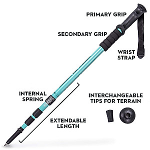 Trekking Pole & Walking Staff | Strong, Lightweight Aluminum | Extends up to 53" Collapses down to 23" | All-terrain: Interchangeable Carbonite Ice Pick Tip, Rubber Asphalt Tip, and Snow Cap (Green)