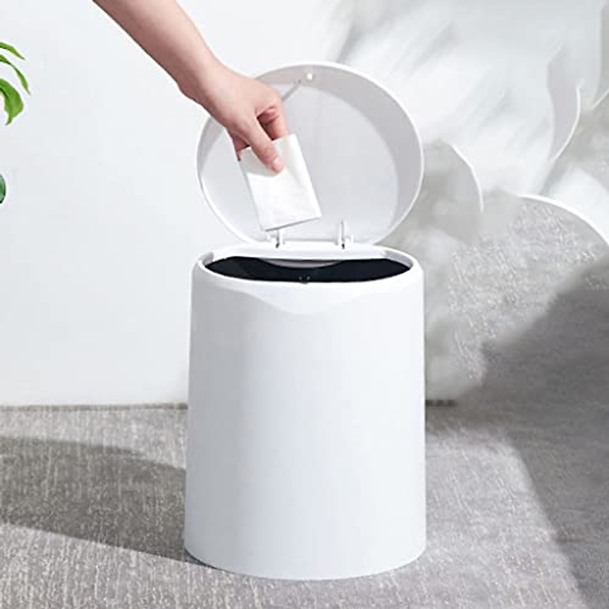 GOPG Round Trash Can, with Lid Press Type Wastebasket in-Band Tube Plastic Container Suitable for Kitchen Living Room Bathroom-20x21x26cm(8x8x10inch)-Khaki