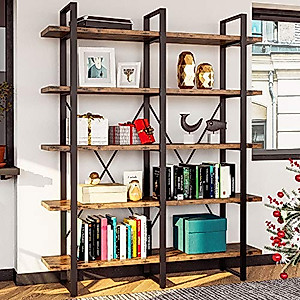 IRONCK Industrial Bookshelf and Bookcase Double Wide 5 Tier, Large Open Shelves, Wood and Metal Bookshelves for Home Office Furniture, Easy Assembly