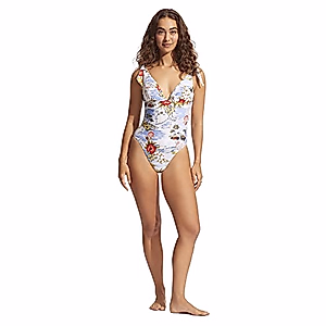 Seafolly Women's V Neck One Piece with High Legline Swimsuit, Coast to Coast Powder Blue, 8
