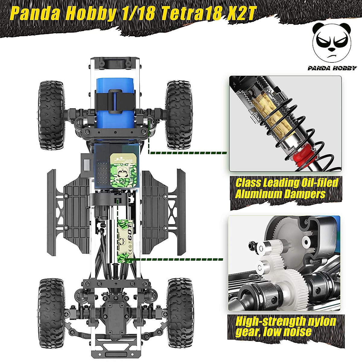 PANDA HOBBY 1/18 Tetra X2T RC Crawler,RC Rock Crawler 4x4,4WD Off Road RC Cars for Adults,RTR Remote Control Car,1:18 Scale RC Truck Cruiser Vehicle, All Terrains Waterproof Hobby RC Model Car,Black