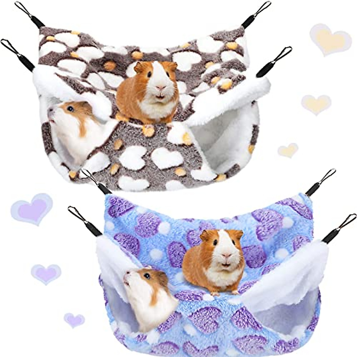 Boao 2 Pcs Guinea Pig Rat Hammock Hamster Hanging Hammock/ Accessories for Small Animals Chinchilla Parrot Sugar Glider Ferret (Purple, Coffee Color, Heart Pattern)