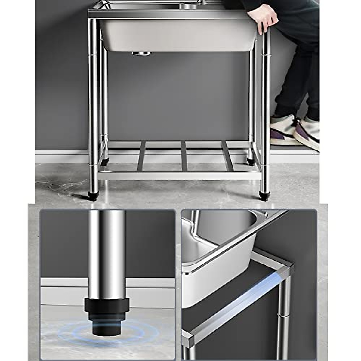 Freestanding Kitchen Sink, Stainless Steel Single Bowl Sink, Washing Hand Basin with Hot and Cold Faucet, for Garage, Laundry, Hotel