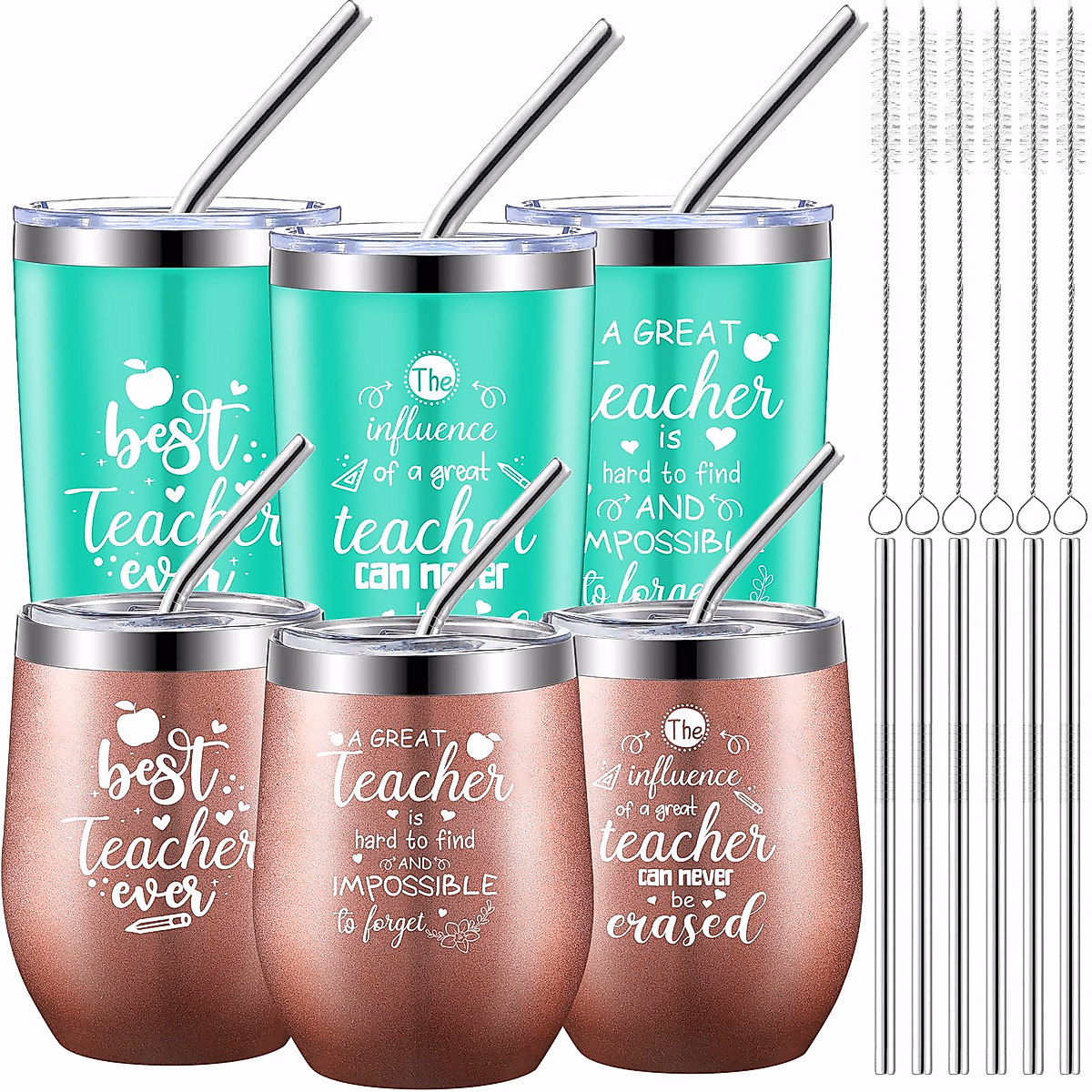 Jinei 6 Pcs Teacher Gifts Wine Tumbler Set Teacher Appreciation Gifts, Funny Thank You Birthday Graduation Gifts for Teachers Professors Nurse, 12 oz/ 20oz Coffee Mug with Lid Straw(Teacher)