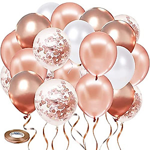 Rose Gold Confetti Balloons, 50 Pack Rose Gold White Balloons and Rose Gold Metallic Balloons for Birthday Wedding Engagement Bachelor Bridal Shower Party Decorations