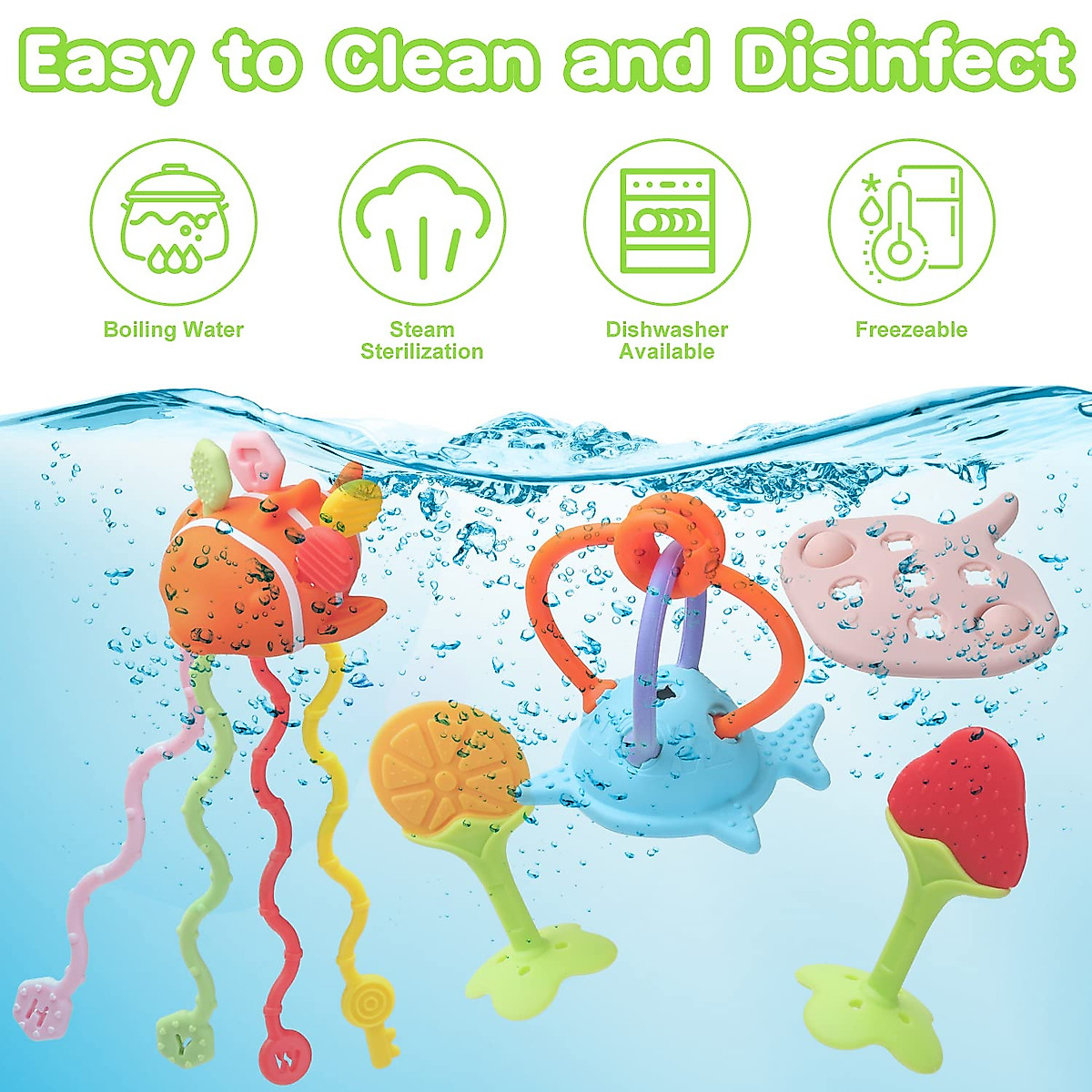 Baby Teether Toys for 12-18 Months, Montessori Sensory Teething Toys for Babies 1+ Year Old, Infant Car Seat Toys Pull String Activity Silicone Toy Fish Shape Chew Toys for Boys Girls, BPA Free