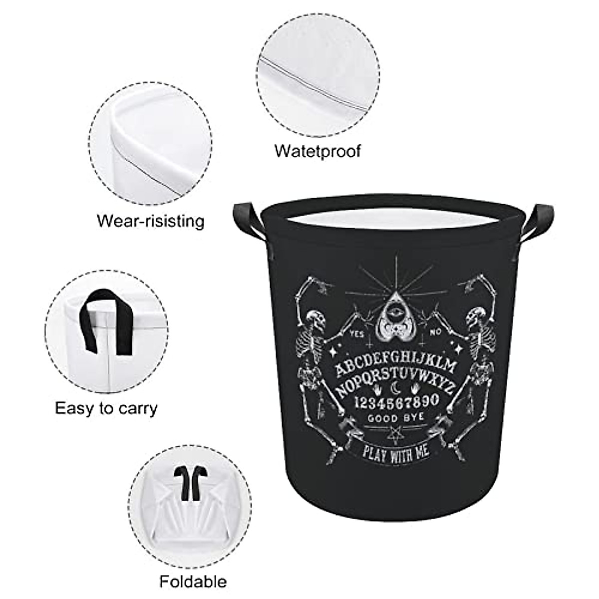Black Gothic Skeleton Magic Witch Ouija Board Large Laundry Basket Hamper Bag Washing with Handles for College Dorm Portable