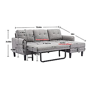 Verfur Convertible Sofa Sleeper Pull Out Bed, 3-Seater L-Shaped Couch with Storage Chaise and Side Pockets, Soft Upholstered Corner Sofa&Couches Sectional, Gray 72.44"
