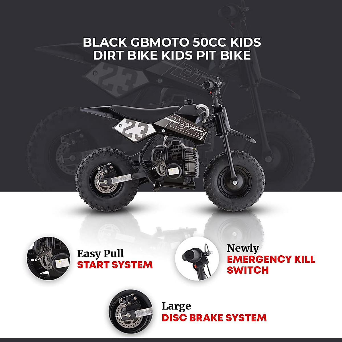 GBmoto Black 50cc Kids Pit Bike, 2-Stroke Gas Dirt Bike