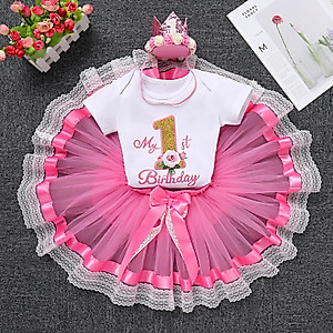 IBTOM CASTLE Baby Girl One Year Old Birthday Floral Lace Party Cake Smash Outfits Short Sleeve Top Princess Romper Bodysuit + Tutu Rainbow Skirt Set+Headband Fancy Dress Hot Pink-1 old,Birthday,