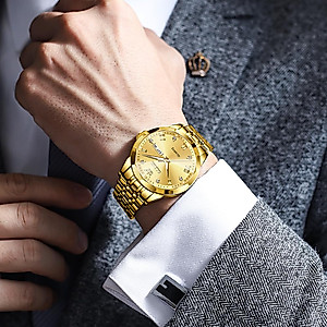 OLEVS Gold Watches for Men Large Face Analog Wrist Watch Easy Read Big Wrist Mens Golden Stainless Steel Strap Watches with Date Water Resistant Luminous Hands Male Watch Quartz Relojes para Hombres