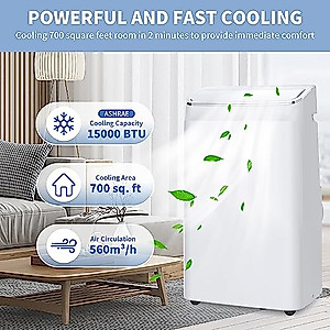 DENBIG Portable Air Conditioner, 15,000 BTU Portable AC Unit with Built-in Dehumidifier and Multi-speed Fan for Room up to 500-700 Sq. Ft, Remote Control, 24-Hour Timer, and Installation Kit, White