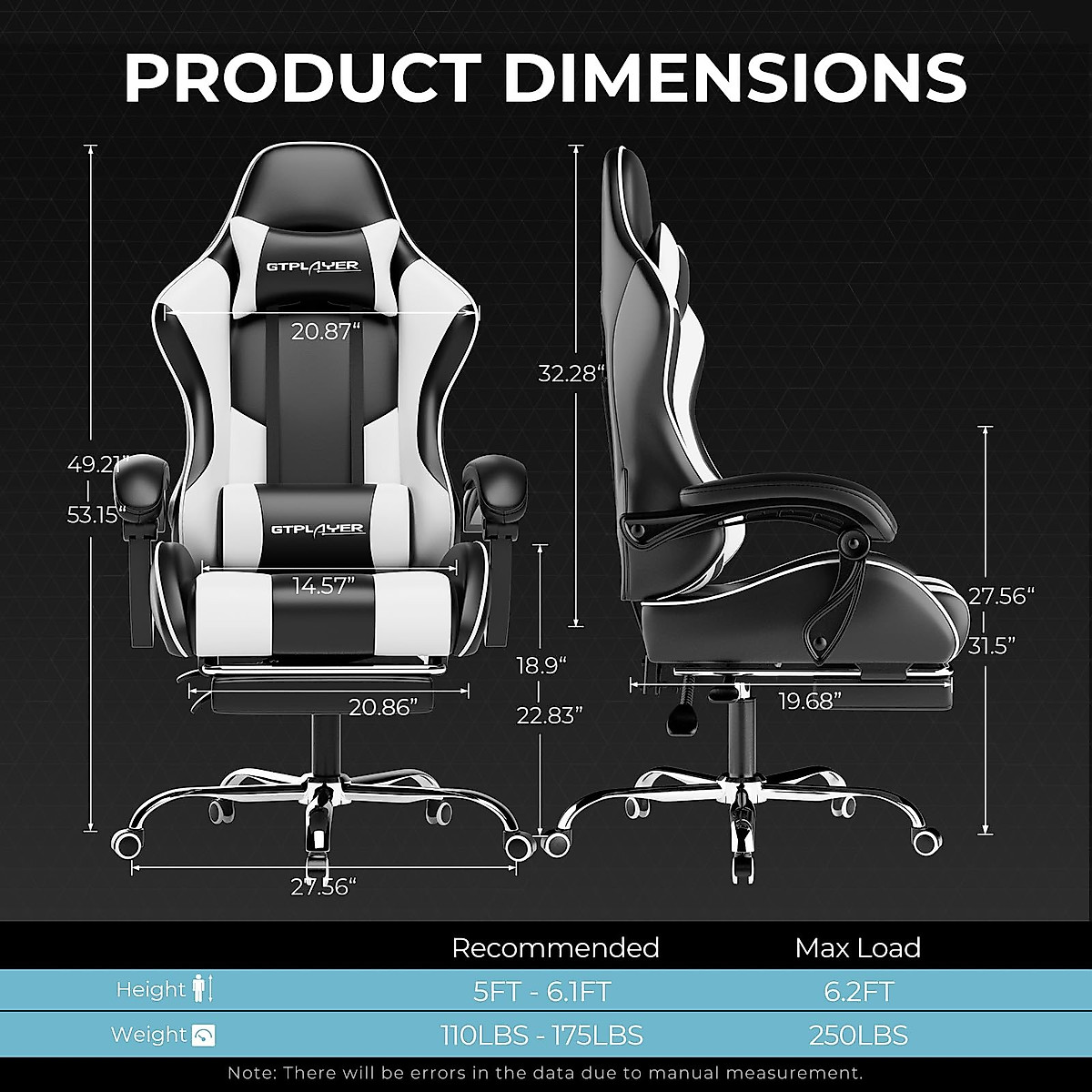 GTPLAYER Gaming Chair, Computer Chair with Footrest and Lumbar Support, Height Adjustable Game Chair with 360°-Swivel Seat and Headrest and for Office or Gaming (White)