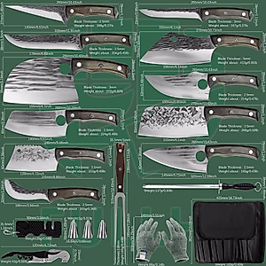 FULLHI 18pcs Butcher Chef Knife Set include meat fork High Carbon Steel Cleaver Kitchen Knife Whole Tang Vegetable Cleaver Home BBQ Camping with Knife Bag (18pcs)