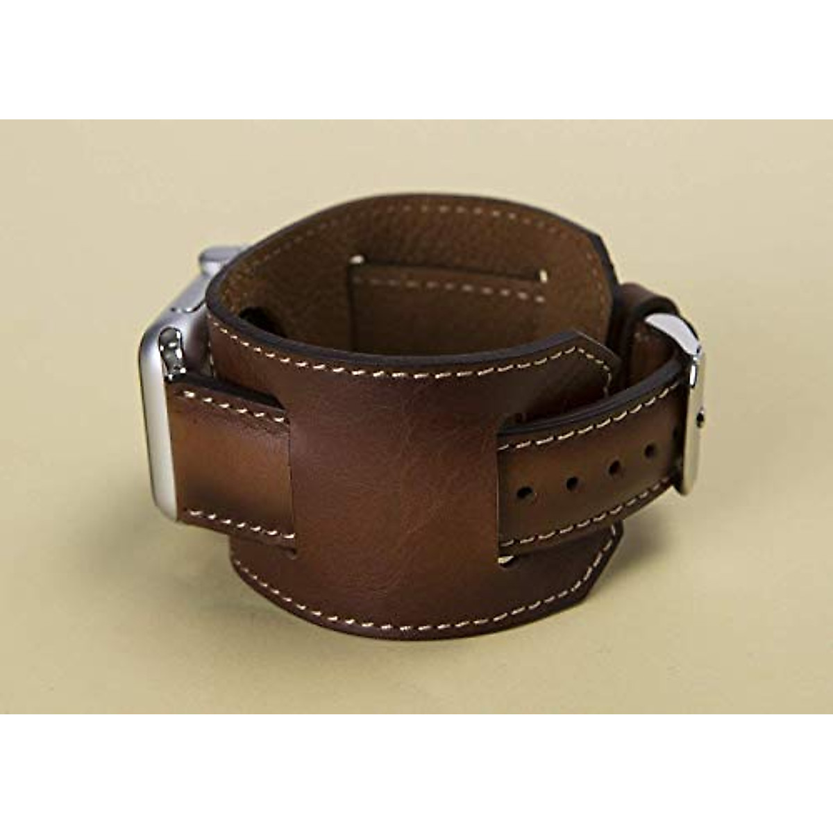 VENOULT Compatible Apple Watch Cuff Brown Leather Band for All Series iWatch Band, Man or Women, Genuine Leather Strap, High Quality, Engraving Available, HANDMADE