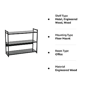 Household Essentials 3 Tier Wide Book Shelf, Medium, Black Oak Finish