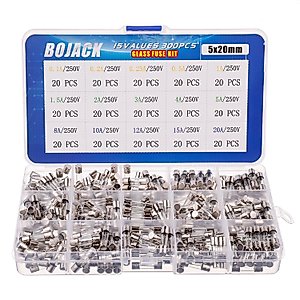 BOJACK 15 Values 300pcs Fast-Blow Glass Fuses Assortment Kit 5x20mm 250V 0.1 0.2 0.25 0.5 1 1.5 2 3 4 5 8 10 12 15 20A amp packag in a Clear Plastic Box