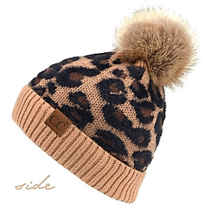 C.C Exclusives Soft Beanie hat with Leopard Pattern and Fur Pom, a Rubber Band Included (HAT-2061)(LATTE)
