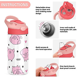 Cute Pig Kids Water Bottle, Vacuum Insulated Stainless Steel, Double Walled Leakproof Tumbler Travel Cup for Girls Boys Toddlers, 12 oz