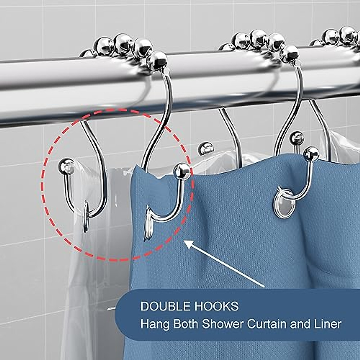 BBLHOME Shower Curtain Hooks, Shower Curtain Rings Rust Proof Metal Smooth Glide Double Shower Curtain Hooks for Bathroom Shower Curtains Rod, Kitchen Utensils,Towels, Set of 12,Chrome