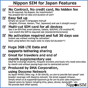 Nippon SIM for Japan 30 Days 3GB 4G LTE Data (No Voice/Text) 3-in-1 SIM Card | docomo Network | Japan Local Support | No Activation No Contract | Supports Tethering | 短期帰国・短期来日最適 安心メーカーサポート